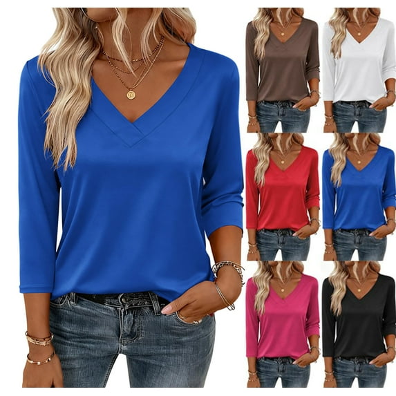 3/4 Length Sleeve Womens Tops V Neck Casual Tunic Loose Fit Basic ...