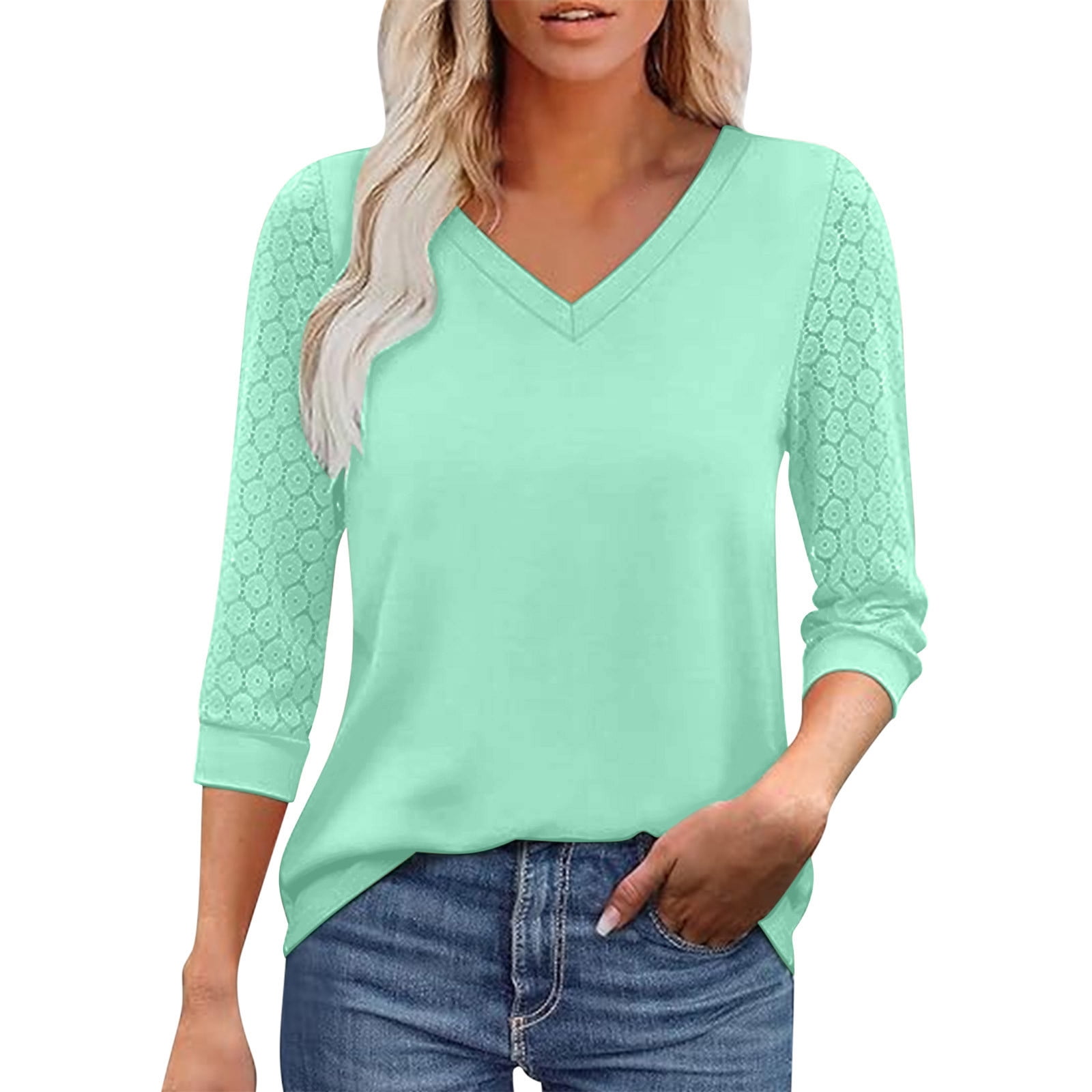 3/4 Length Sleeve Womens Tops V-Neck Lace Tunic Tops Business Casual Blouses 2025 Mint Green M ...