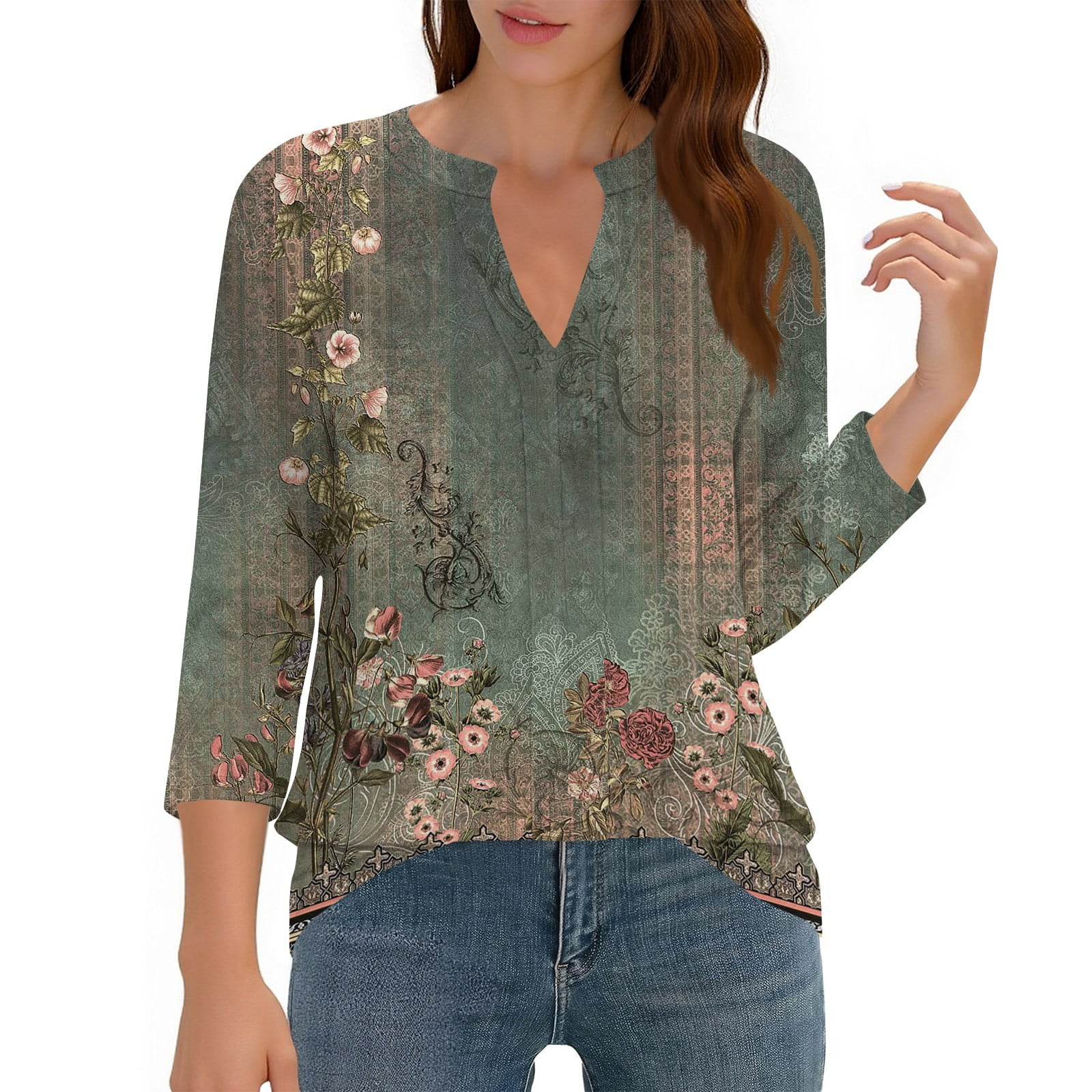 3/4 Length Sleeve Womens Tops V Neck Pleated Work Blouses Dressy Casual ...