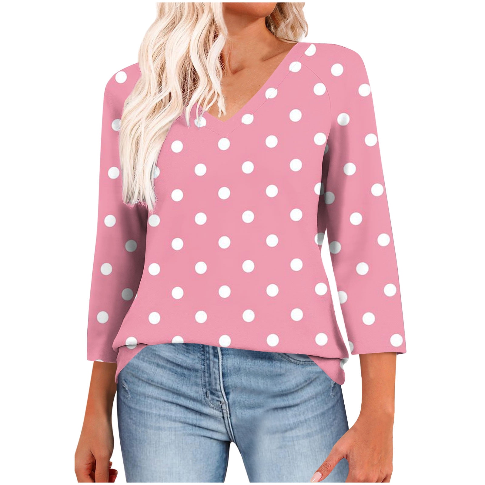 3/4 Length Sleeve Womens Tops V Neck Polka Dot Graphic Tees Shirts 2025 Summer Trendy Dressy ...
