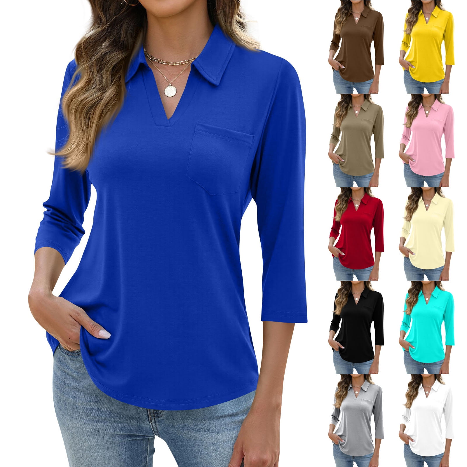 3/4 Length Sleeve Womens Tops V Neck Shirt Dressy Casual Blouse Basic ...