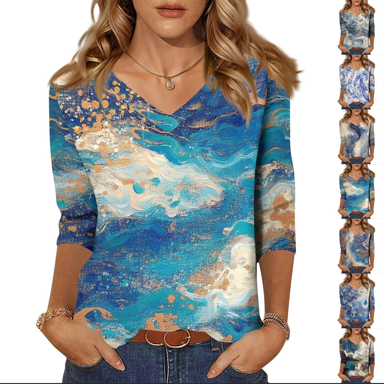 3/4 Length Sleeve Womens Tops V Neck Shirt Dressy Casual Blouse Basic ...