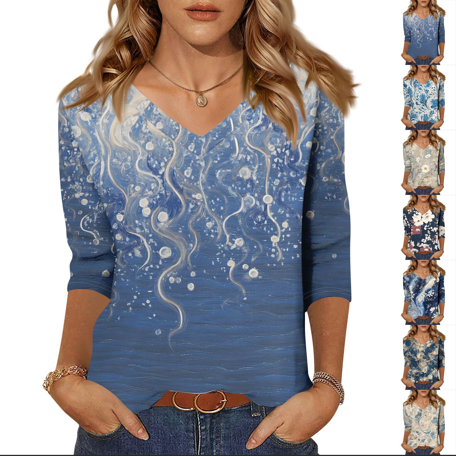 3/4 Length Sleeve Womens Tops V Neck T Shirts Summer Clothes Basic ...