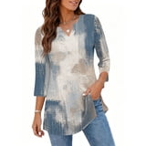 3/4 Length Sleeve Womens Tops V Neck Tunic Shirts Loose Curved Hem ...