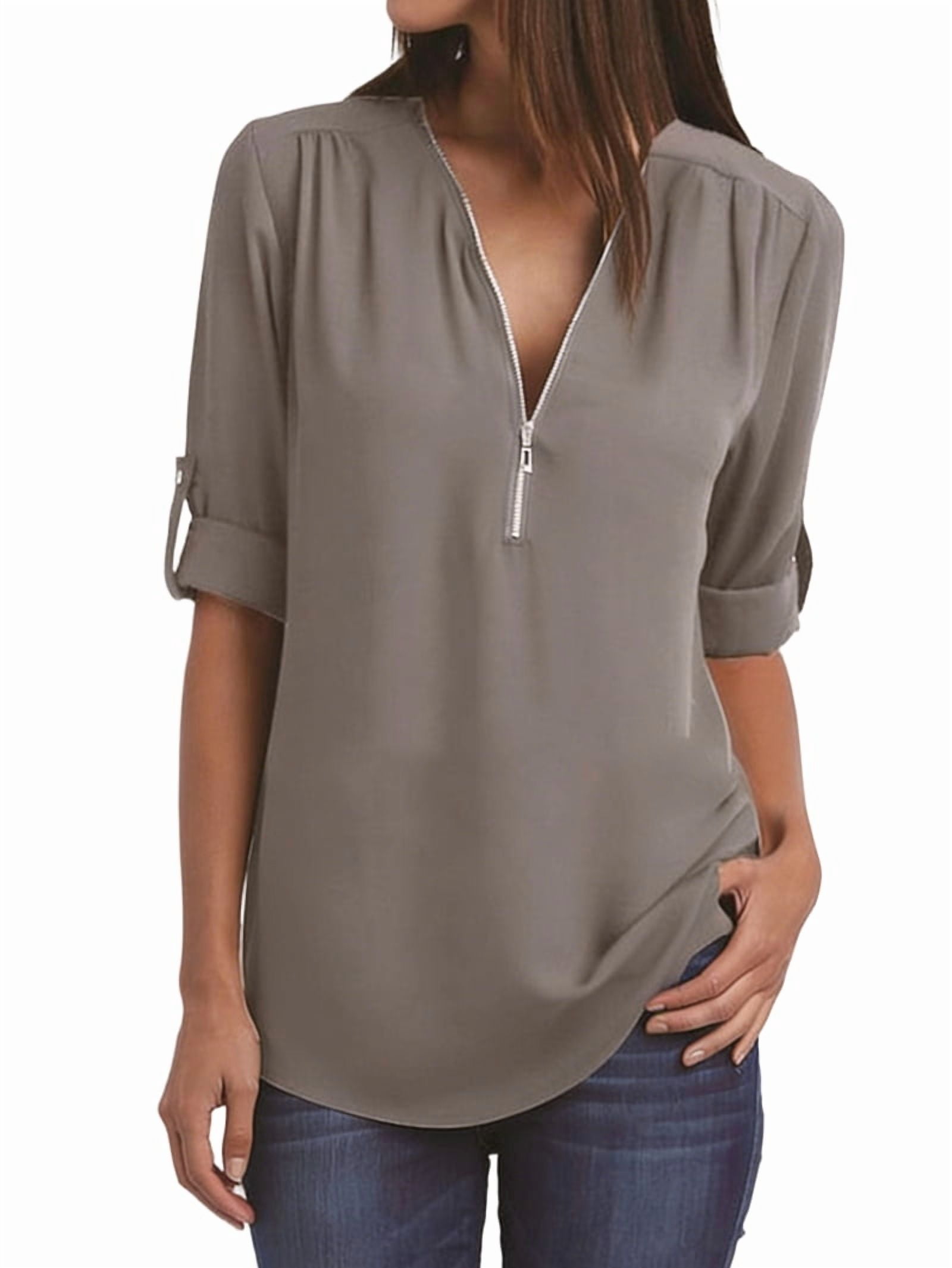 3/4 Length Sleeve Womens Tops Zipper V Neck Collared Blouses Business ...