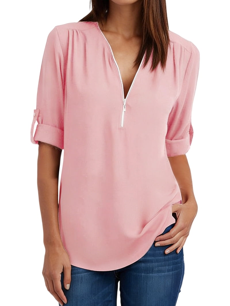 3/4 Length Sleeve Womens Tops Zipper V Neck Collared Blouses Business ...