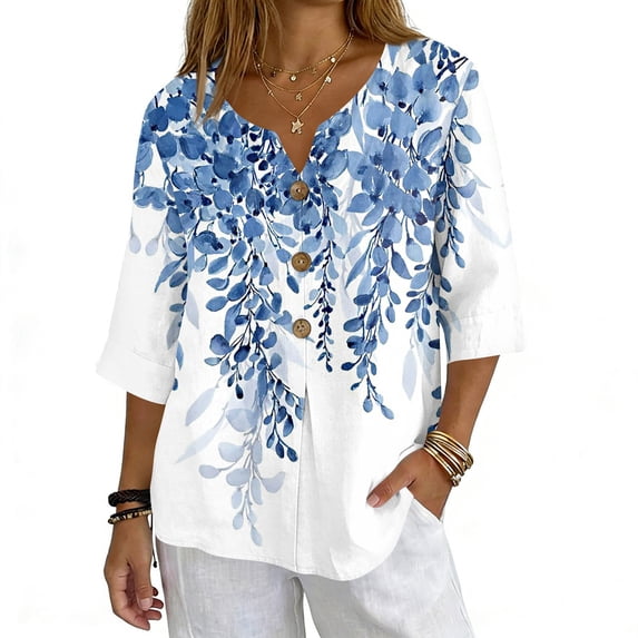 3/4 Length Sleeve Womens Tops with Button Casual V Neck Summer Shirts ...