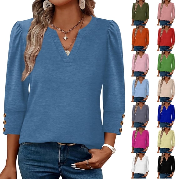 3/4 Length Sleeve Womens Tops with Button Cuffs Dressy Casual V Neck ...