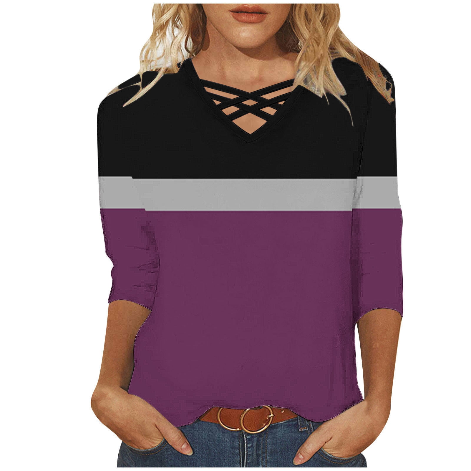 3/4 Length T-Shirt Tops for Women Casual Criss Cross Crew Neck T-Shirts Blouses Workout Loose ...