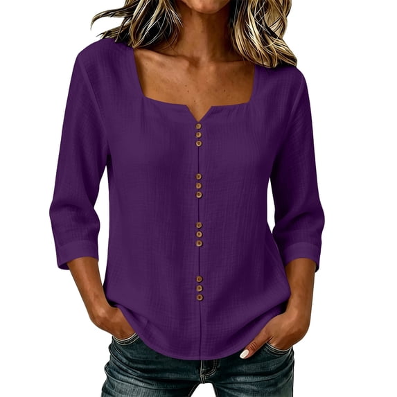 3/4 Linen Button Down Shirt Women Beach Vacation Tshirts Lightweight ...