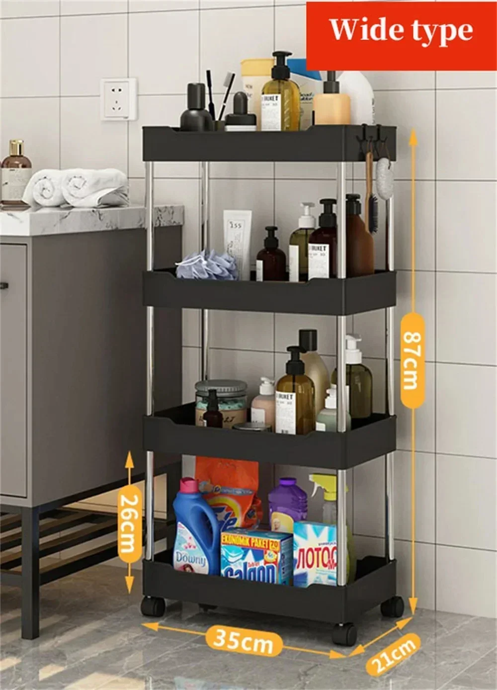 3/4 Movable Storage Cart Mobile Gap Storage Rack Kitchen Multi-purpose ...