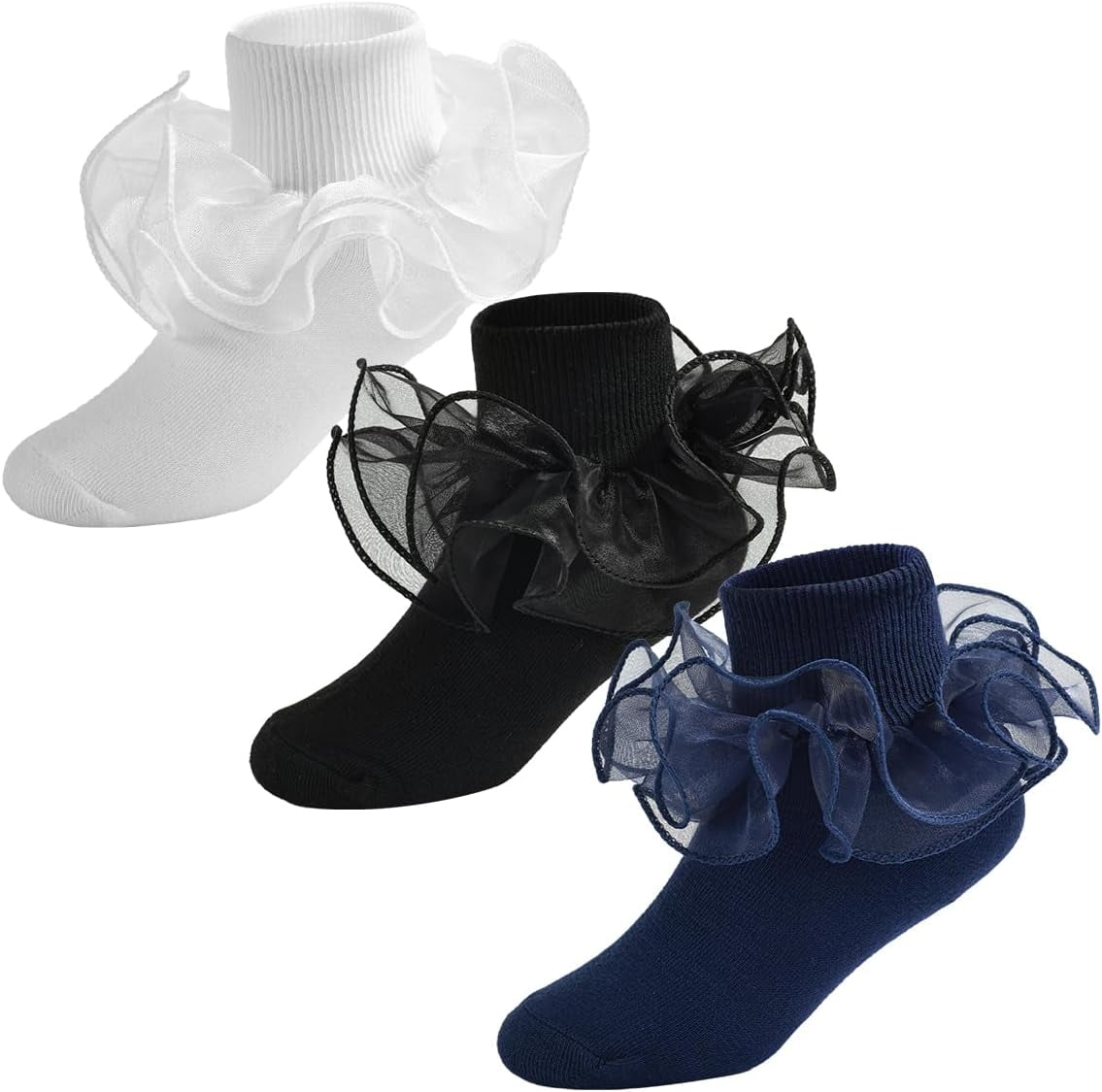 3/4-Pairs Toddler Girl Socks with Big Ruffle Lace Frilly Turn Cuff ...