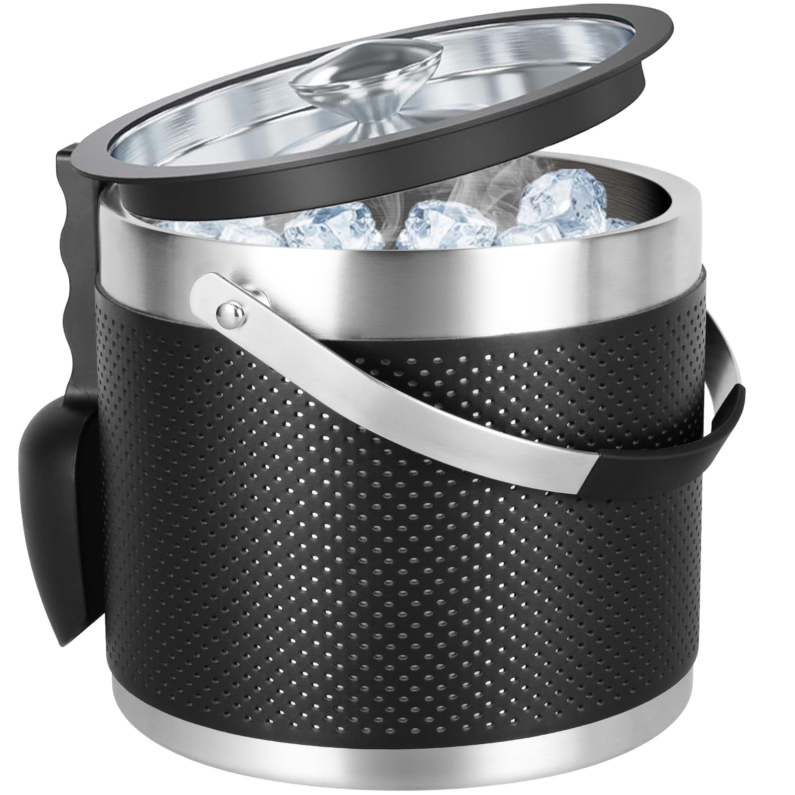3.4 Quart/3.2L Insulated Ice Bucket with Lid and Scoop Black Leather ...