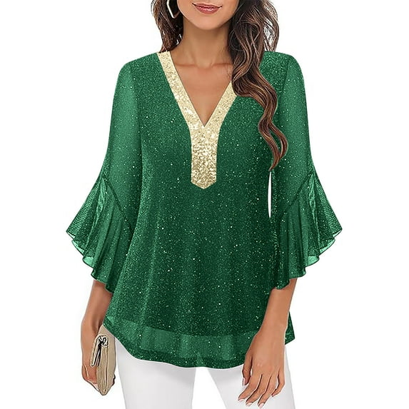 3/4 Ruffle Sleeve Sparkly Tops Womens Sequin V Neck Dressy Casual Mesh ...