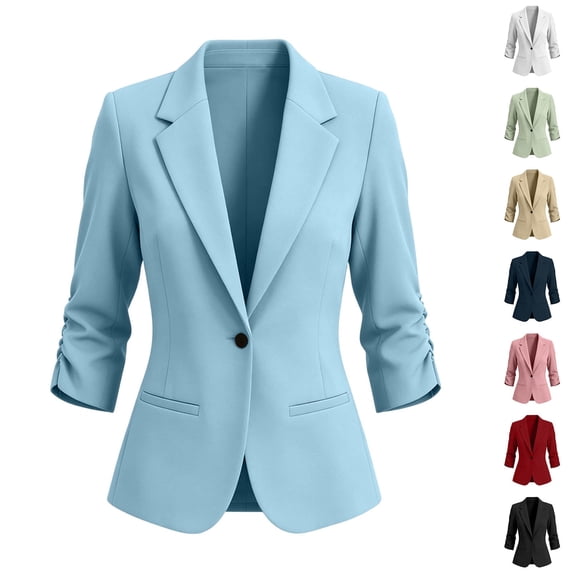 3/4 Sleeve Blazer For Women Lapel V Neck Button Down Office Work Suit ...