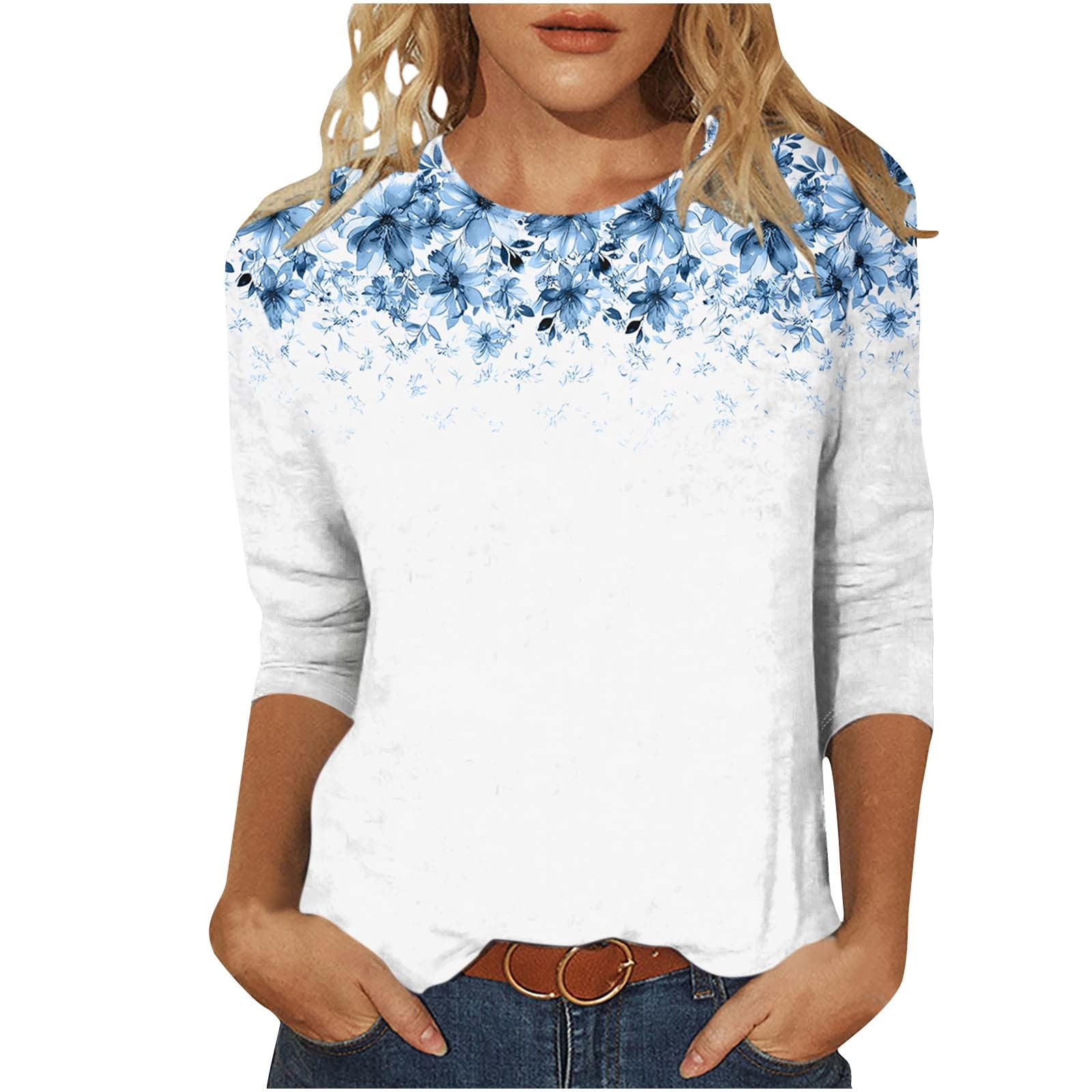 3/4 Sleeve Blouse For Women Plus Size Crew Neck Print Pullover 2026 ...
