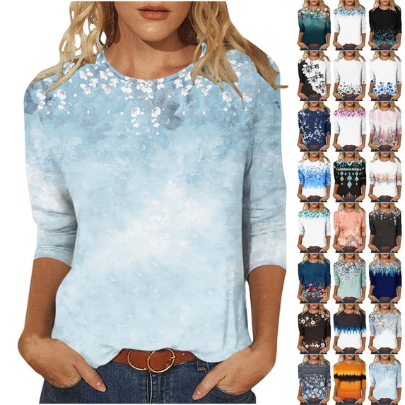 3/4 Sleeve Blouse For Women Plus Size Crew Neck Print Pullover 2026 ...