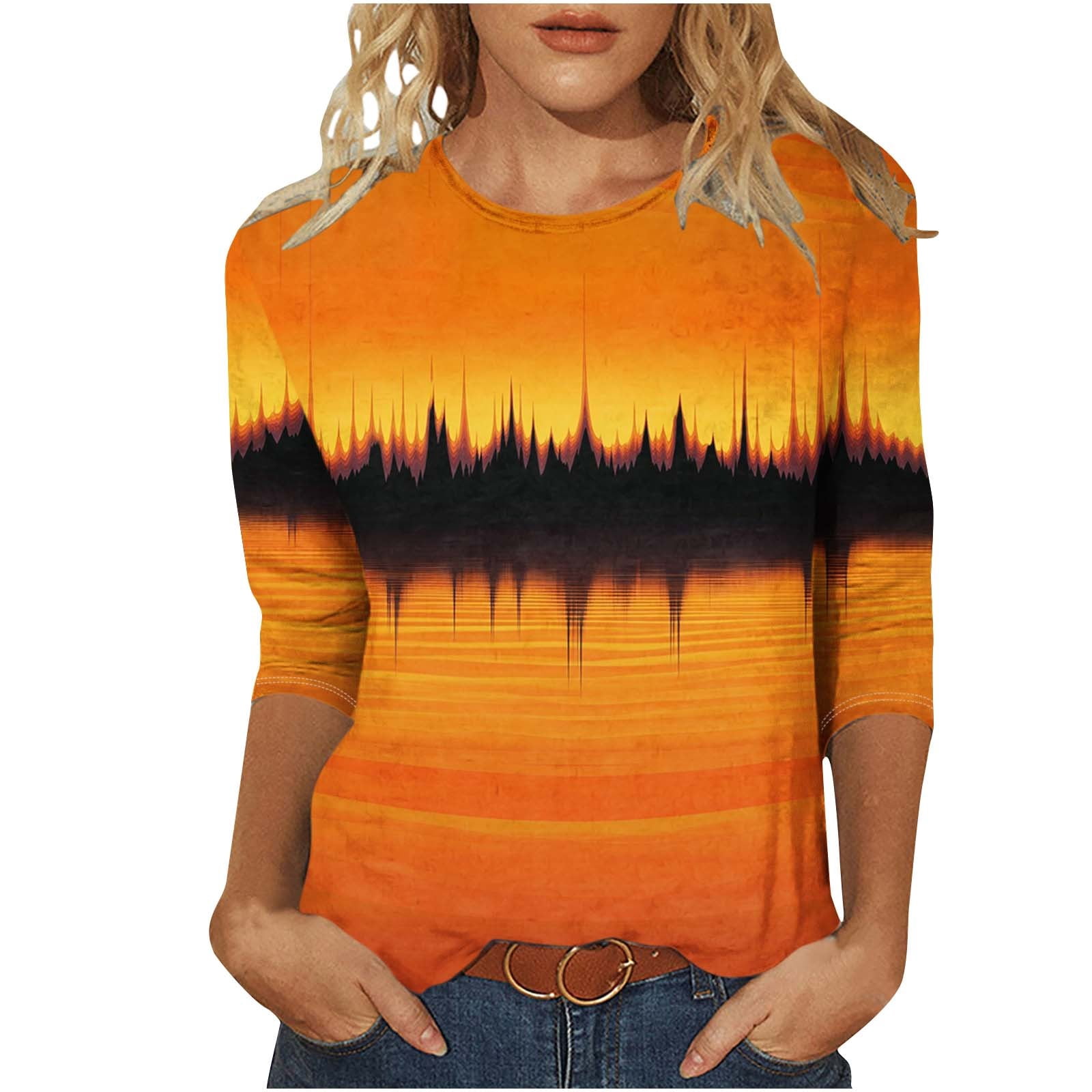 3/4 Sleeve Blouse For Women Plus Size Crew Neck Print Pullover 2026 ...