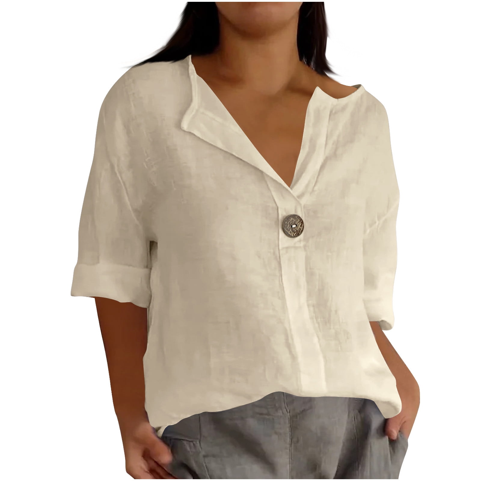 3/4 Sleeve Blouses for Lady Linen Tops for Women, Button V Neck Three ...