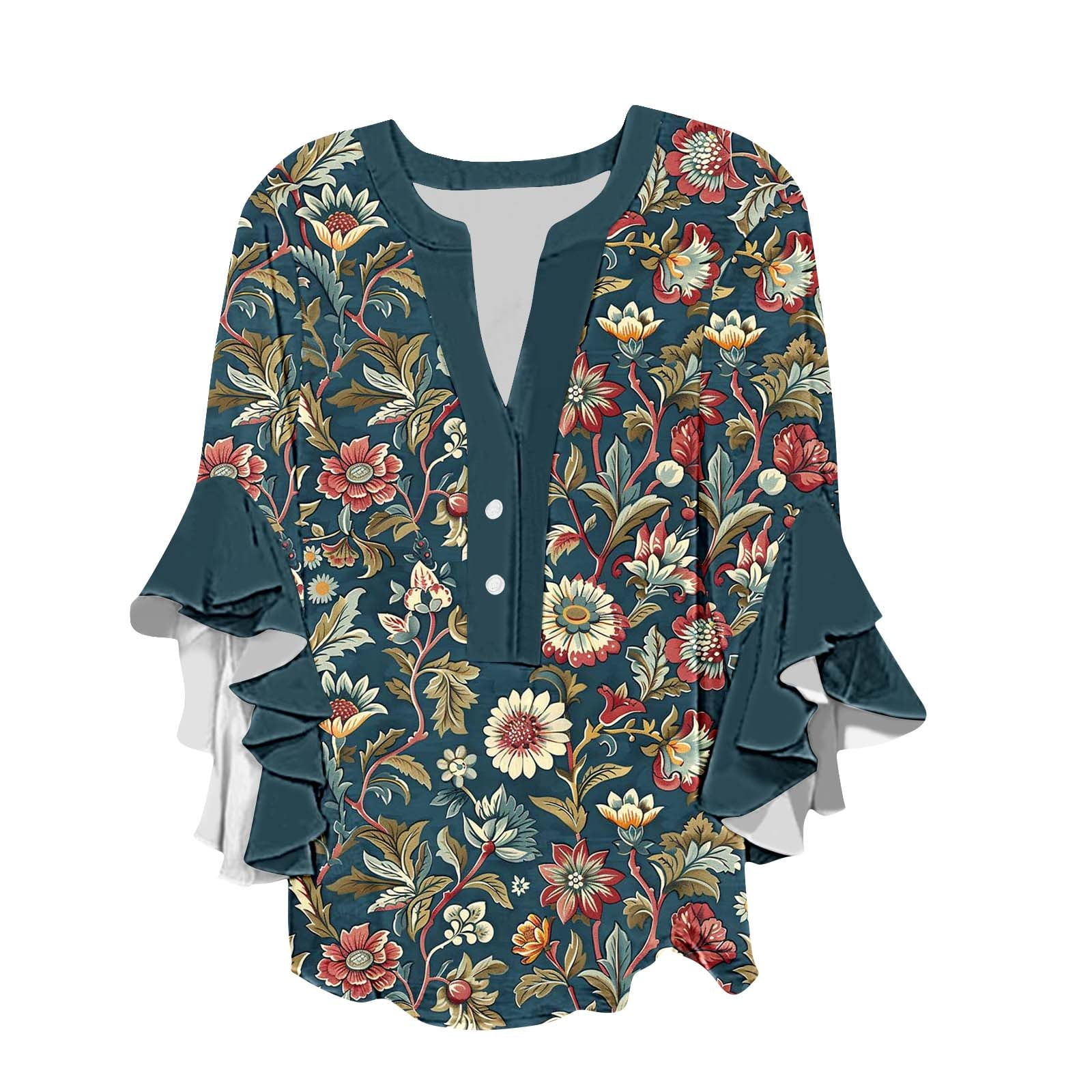 3/4 Sleeve Blouses for Women Casual Floral Print Summer Tops Trendy ...