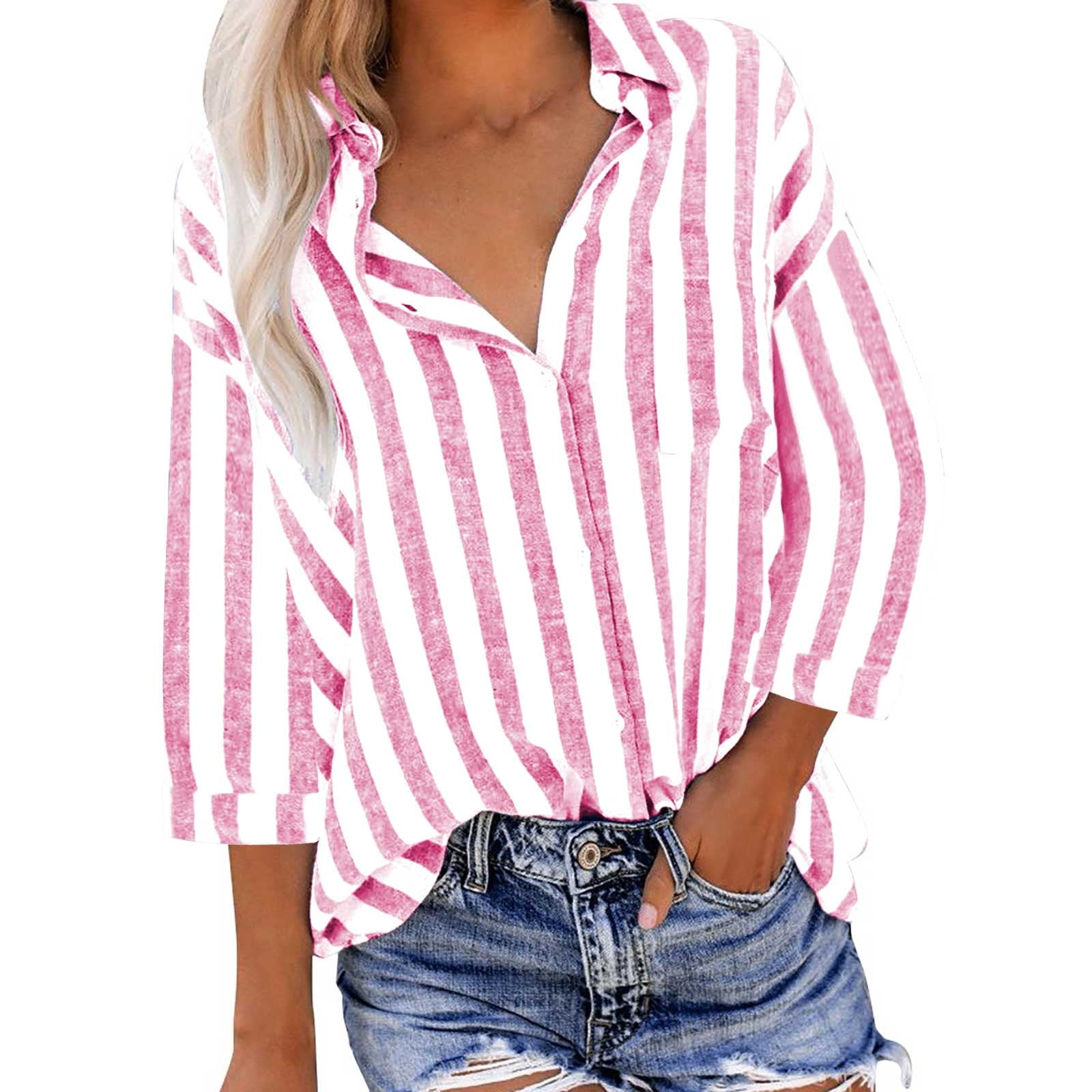 3/4 Sleeve Blouses for Women Casual Vertical Striped Shirts Lapel Long ...