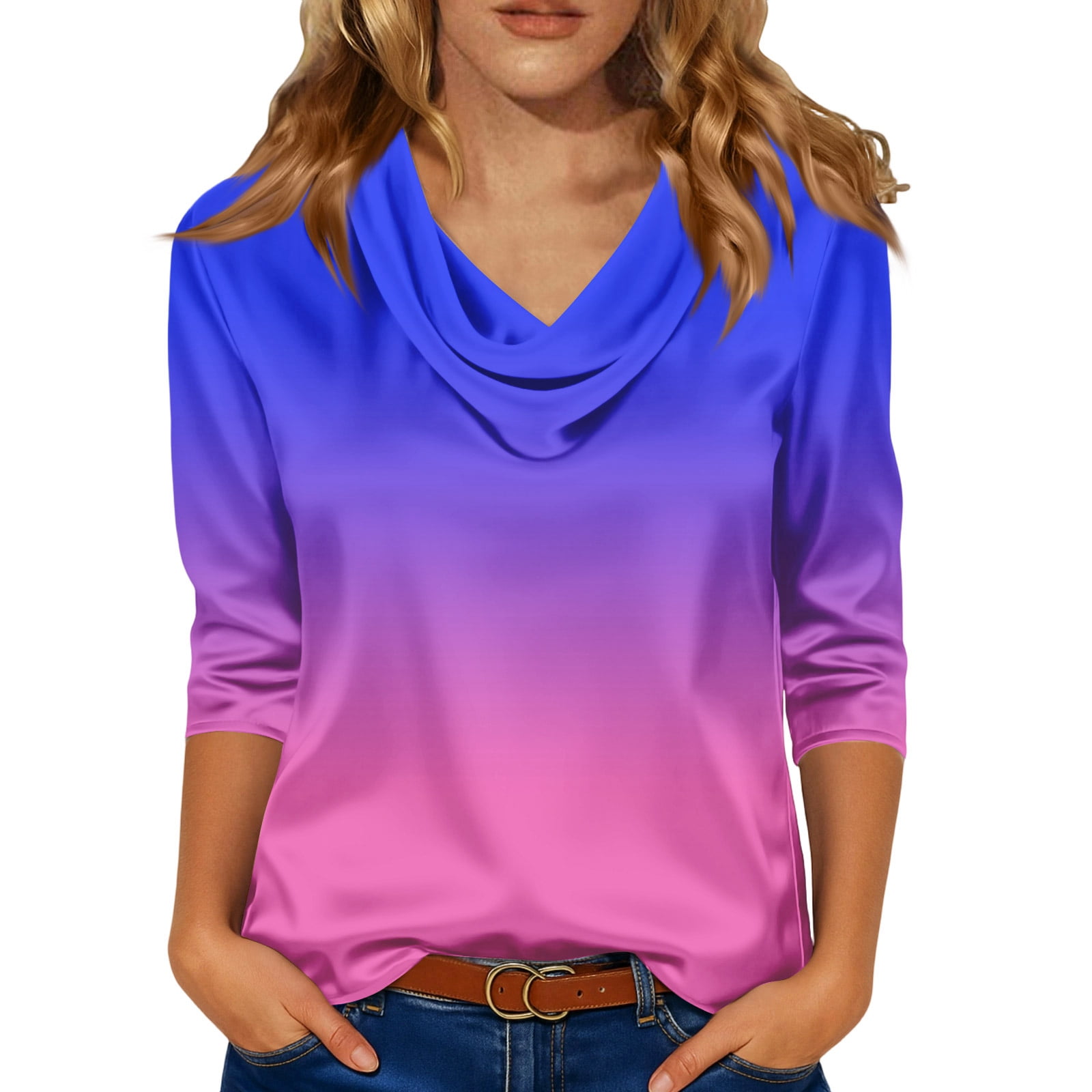 3/4 Sleeve Blouses for Women Silk Satin Gradient Cowl Neck Work Weekend ...