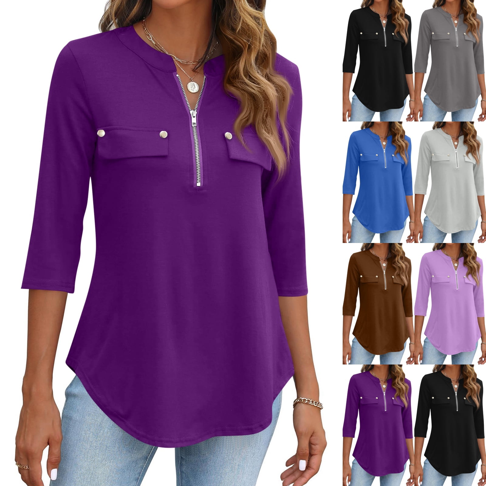 3/4 Sleeve Blouses for Women V Neck Zipper Flowy Tops for Work Summer ...