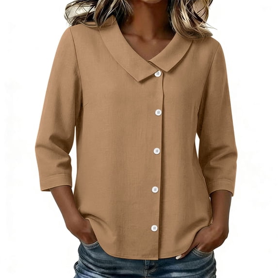 3/4 Sleeve Button Up Shirts for Women Lightweight Comfy Cotton Linen ...