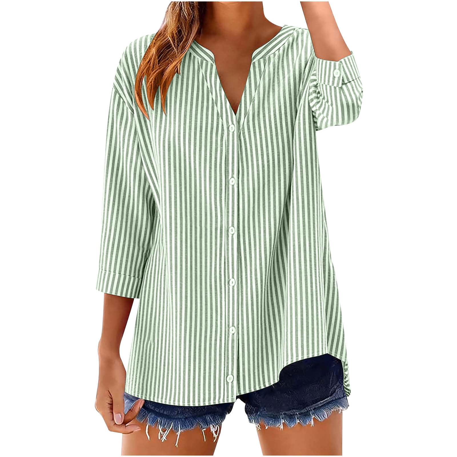 3/4 Sleeve Button down T Shirts for Women Plaid Striped V Neck Tops ...