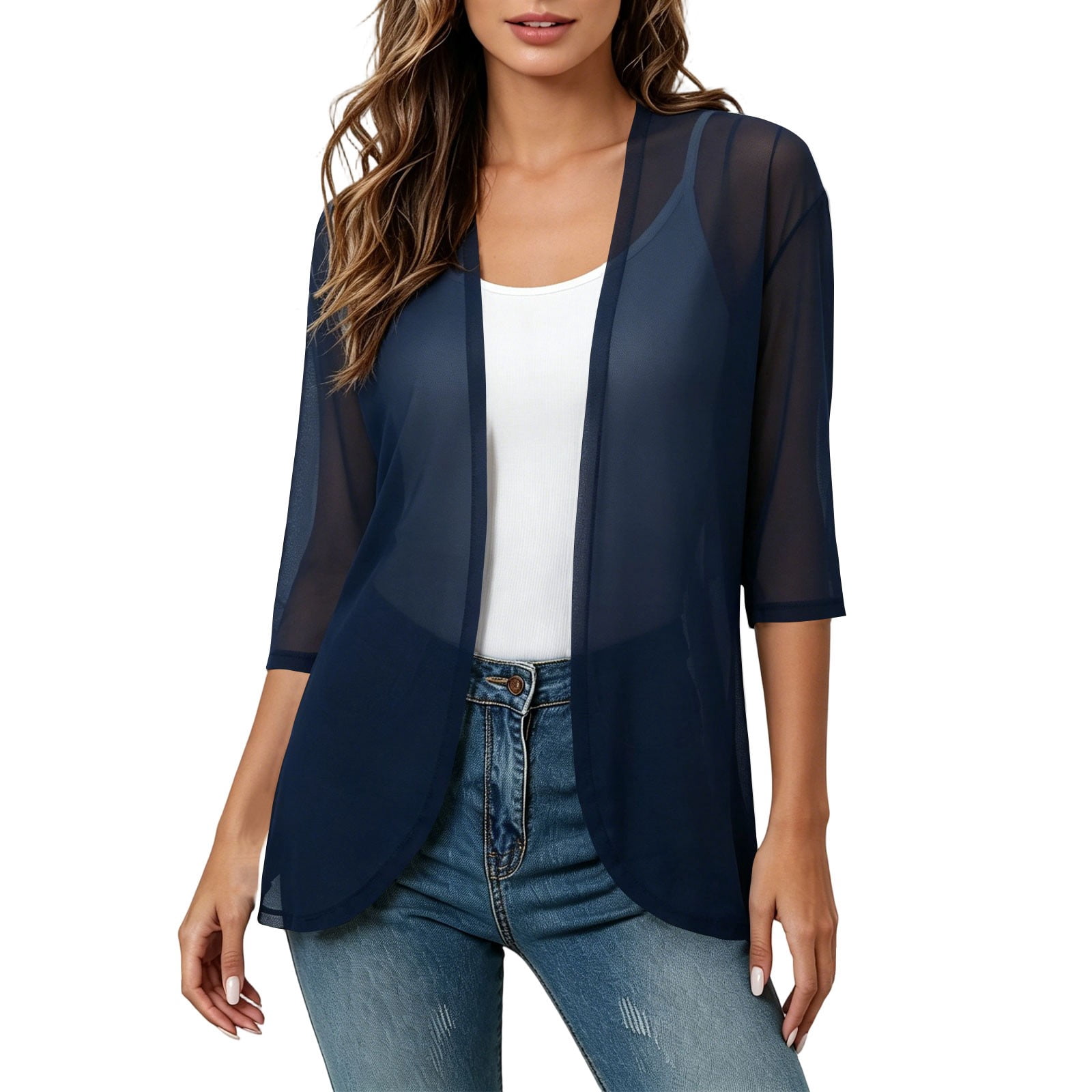 3/4 Sleeve Cardigan for Women Solid Color Kimono Cardigan Open Front ...