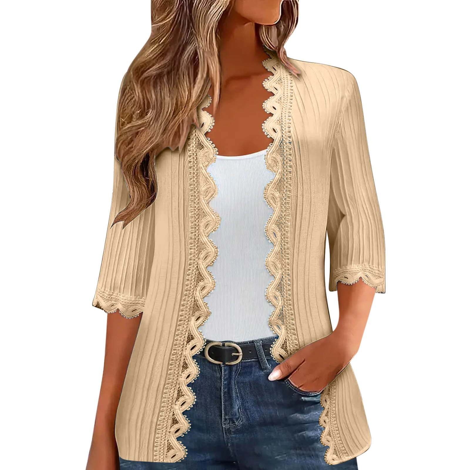 3/4 Sleeve Cardigans for Women Lace Hollow Out Open Front Cardigan ...