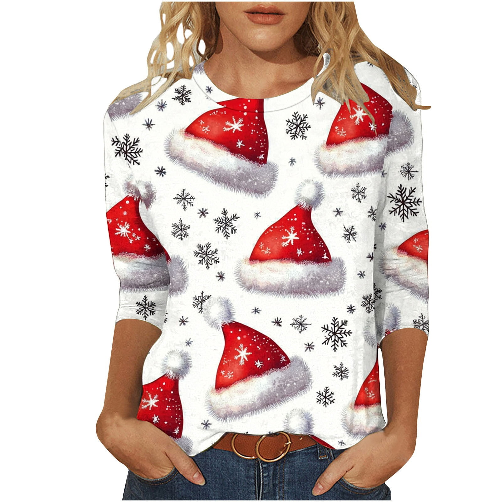 3/4 Sleeve Christmas Shirts for Women Novelty 3D Printed Loose Crewneck ...