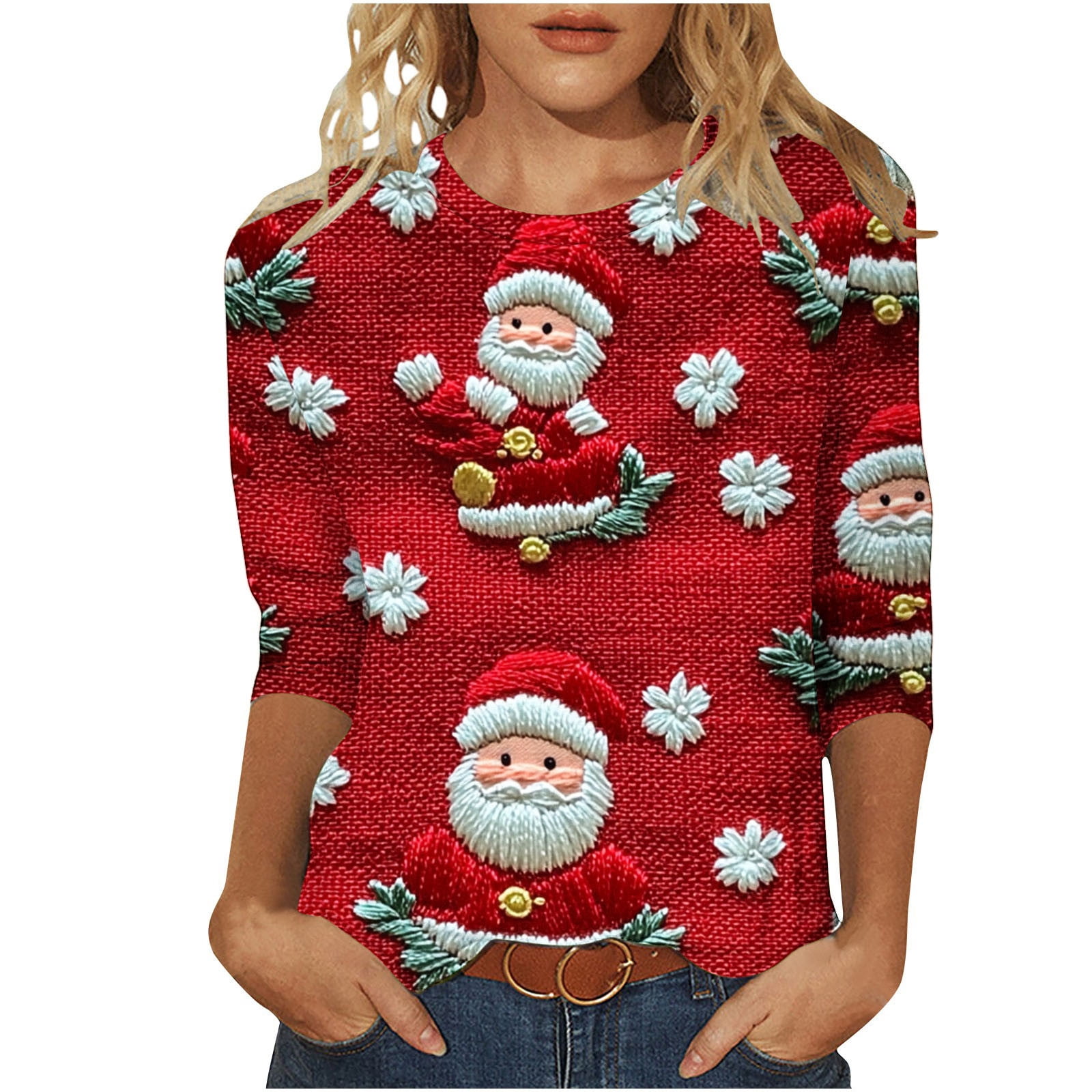 3/4 Sleeve Christmas Shirts for Women Novelty 3D Printed Loose Crewneck ...