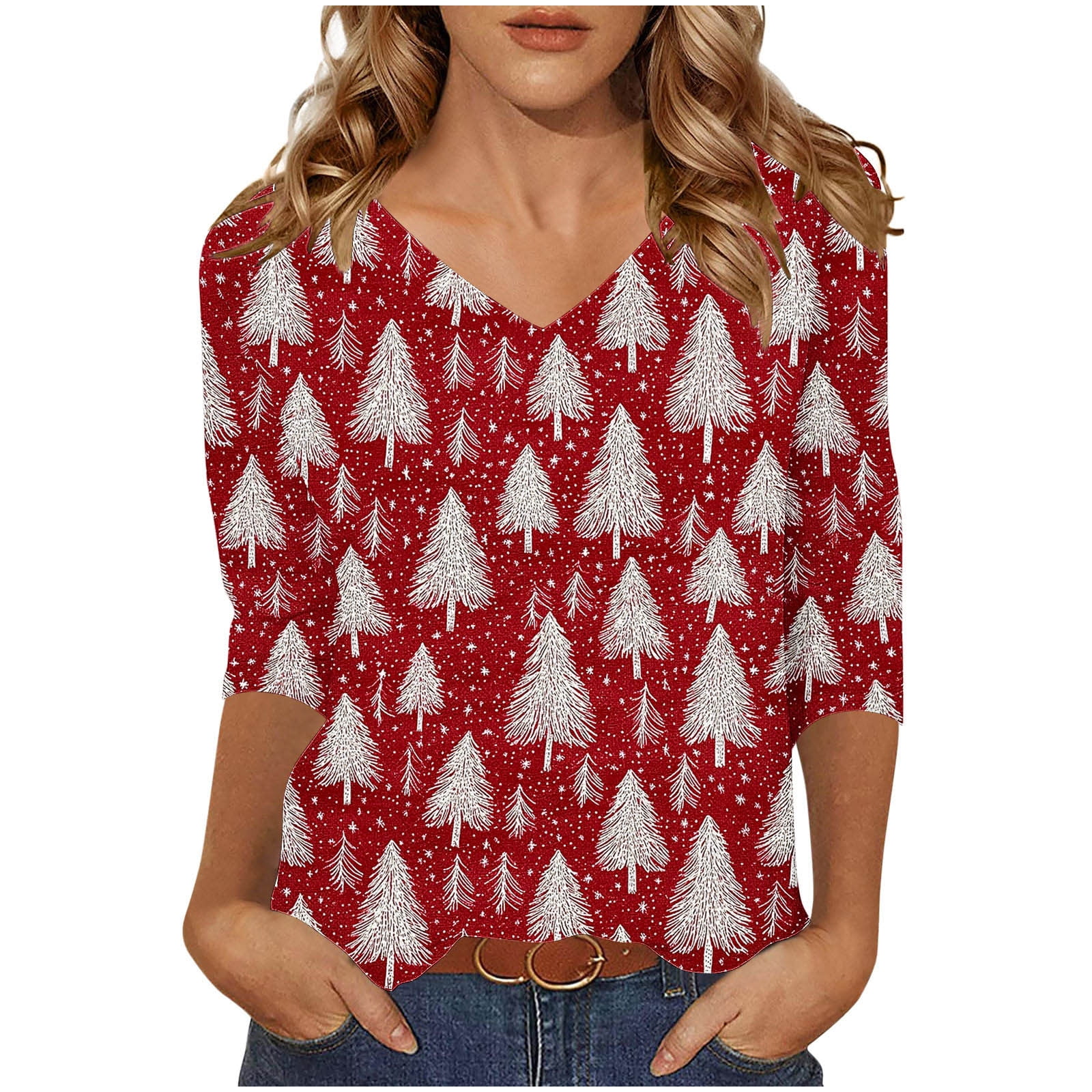 3/4 Sleeve Christmas Tops for Women Graphic Festival Pullover Loose V ...