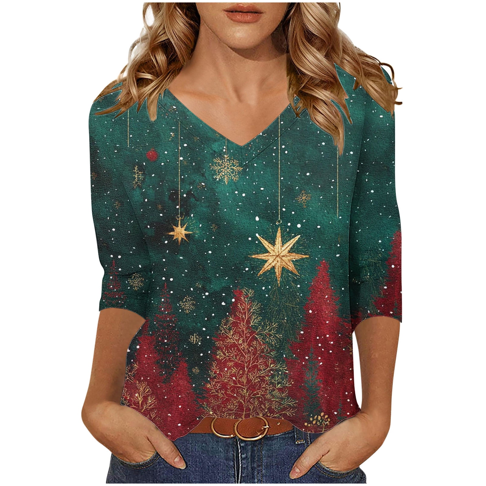 3/4 Sleeve Christmas Tops for Women Graphic Festival Pullover Loose V ...
