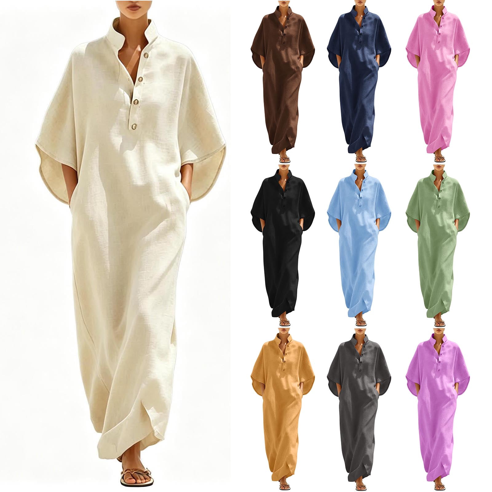 3/4 Sleeve Cotton Linen Dress Women Plus Size Stand Collar Button Maxi ...
