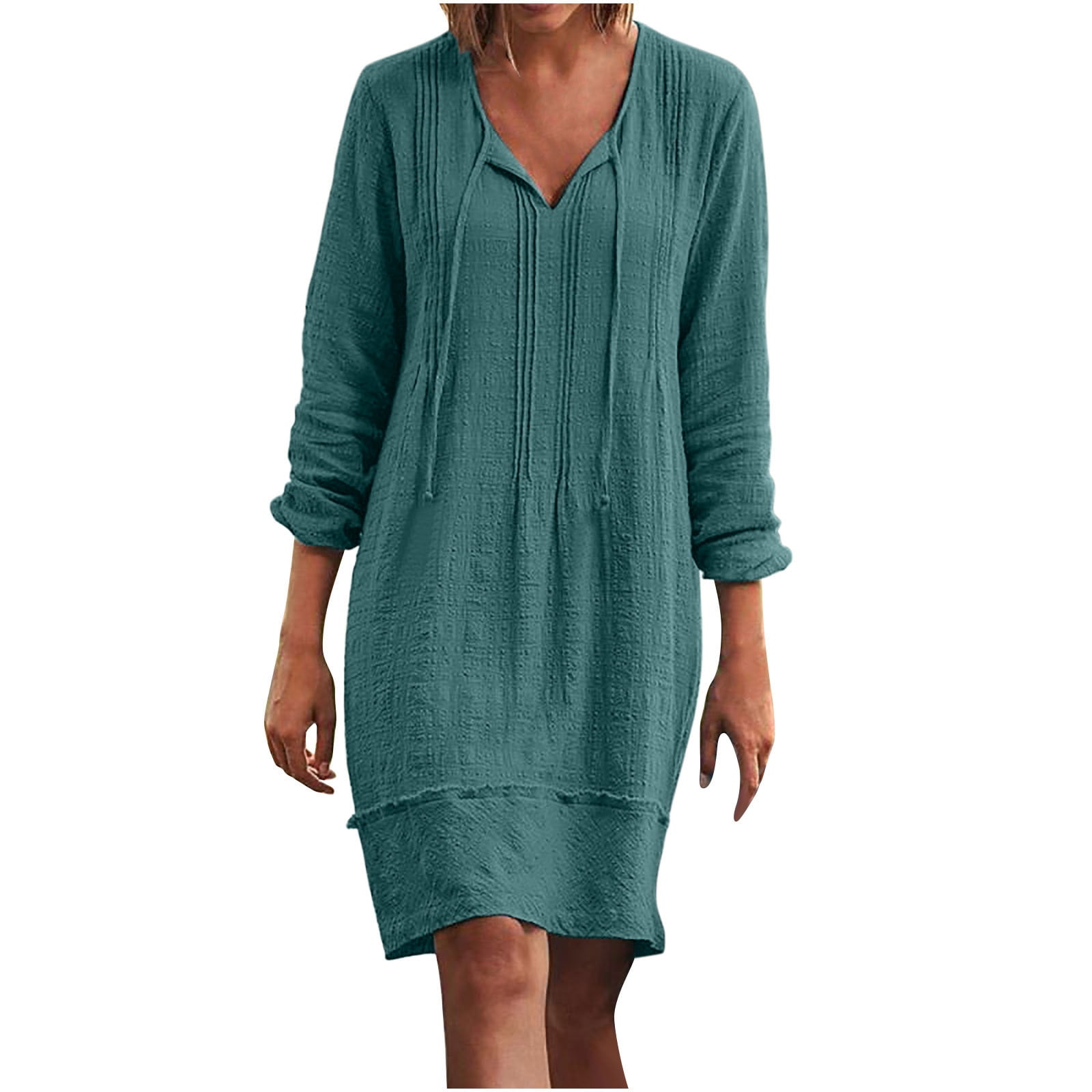 3/4 Sleeve Cotton Linen Lounge Dress Women's Casual V-Neck Midi Dresses ...