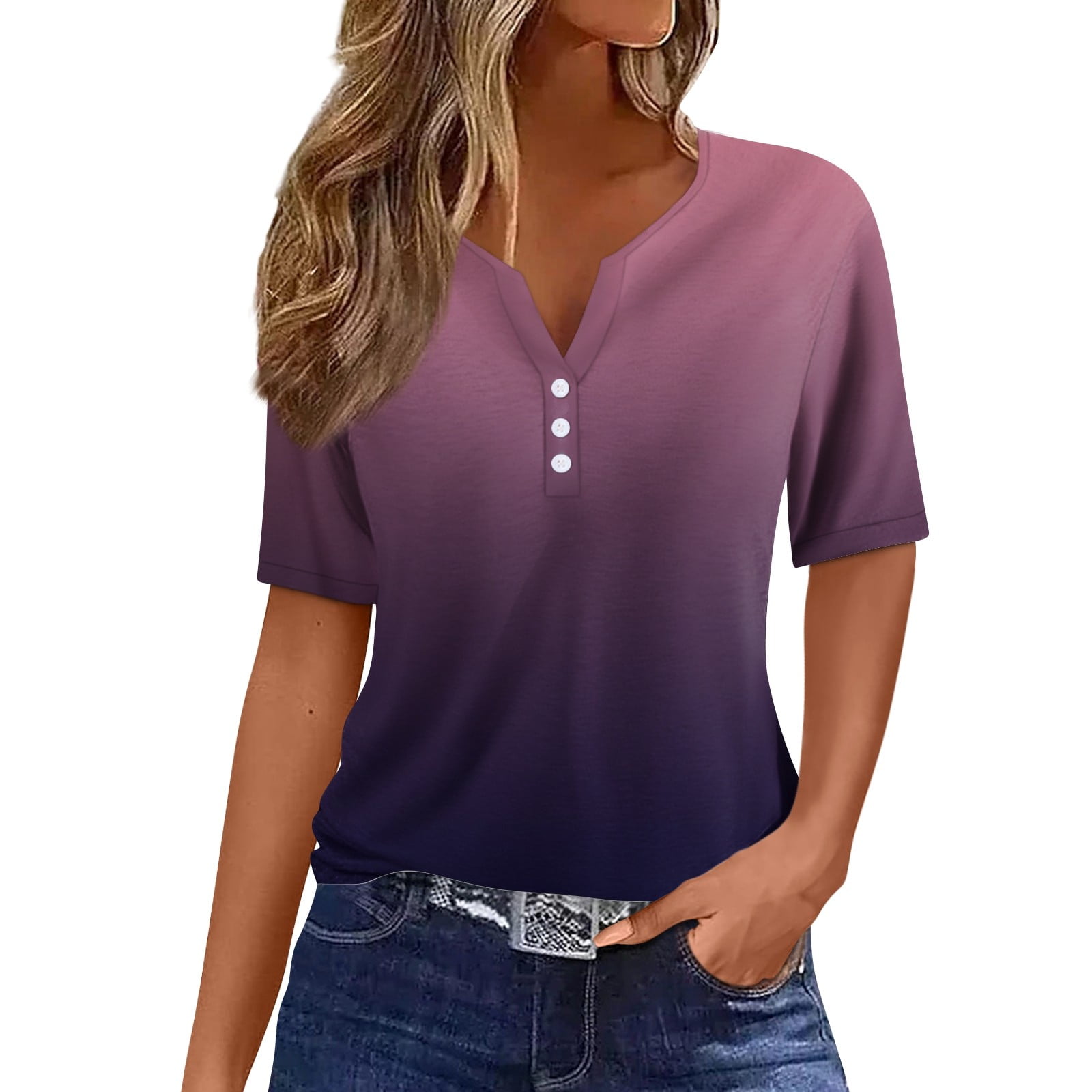 3/4 Sleeve Cotton Tops for Women 2026 Henley Neck Shirts Elbow Sleeve ...