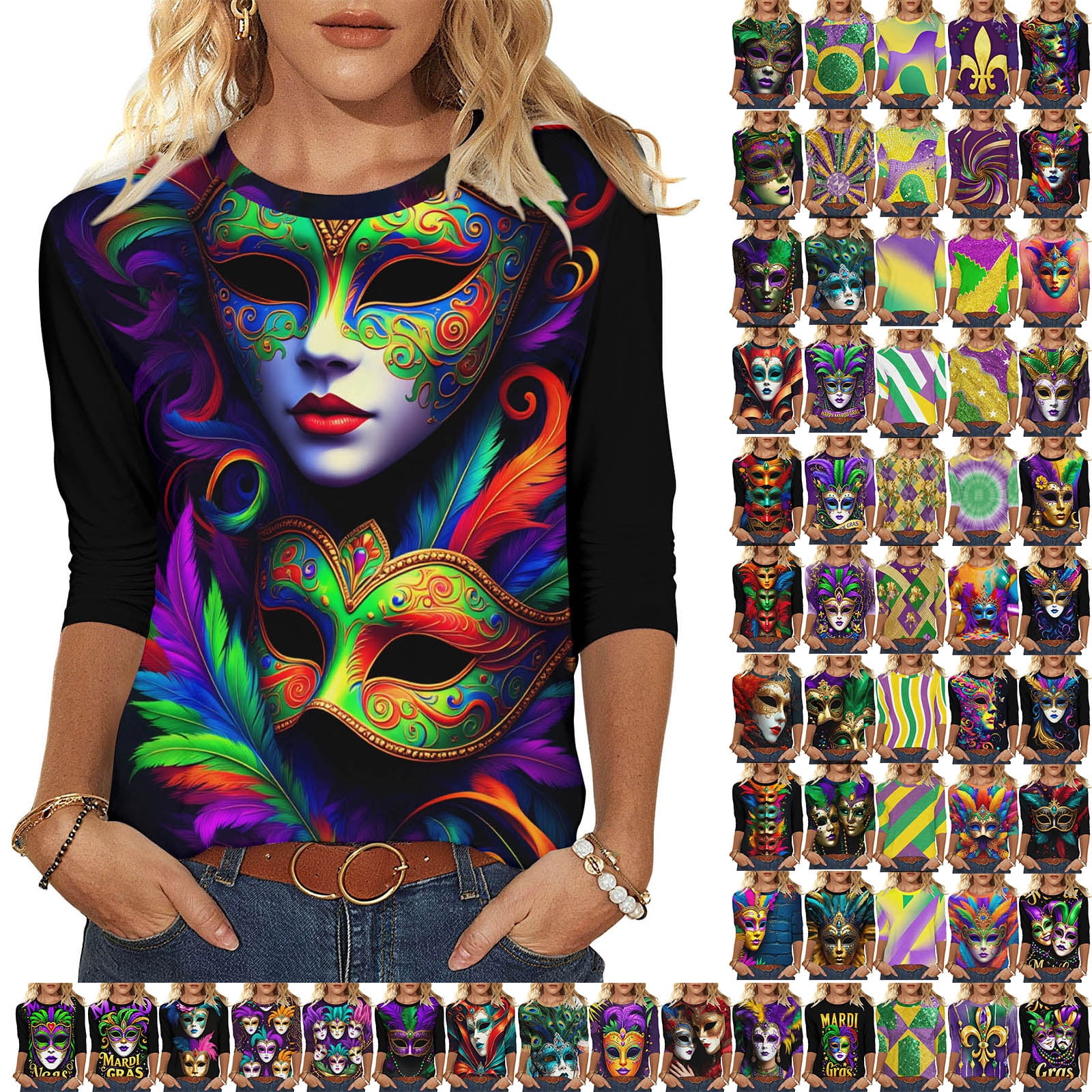 3/4 Sleeve Crew Neck Mardi Gras Tops for Women Gradient Color Graphic ...