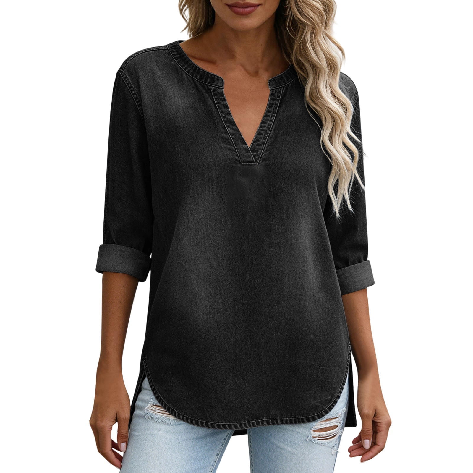 3/4 Sleeve Denim Shirts For Women Notch Neck Side Split Tee Tops Casual ...