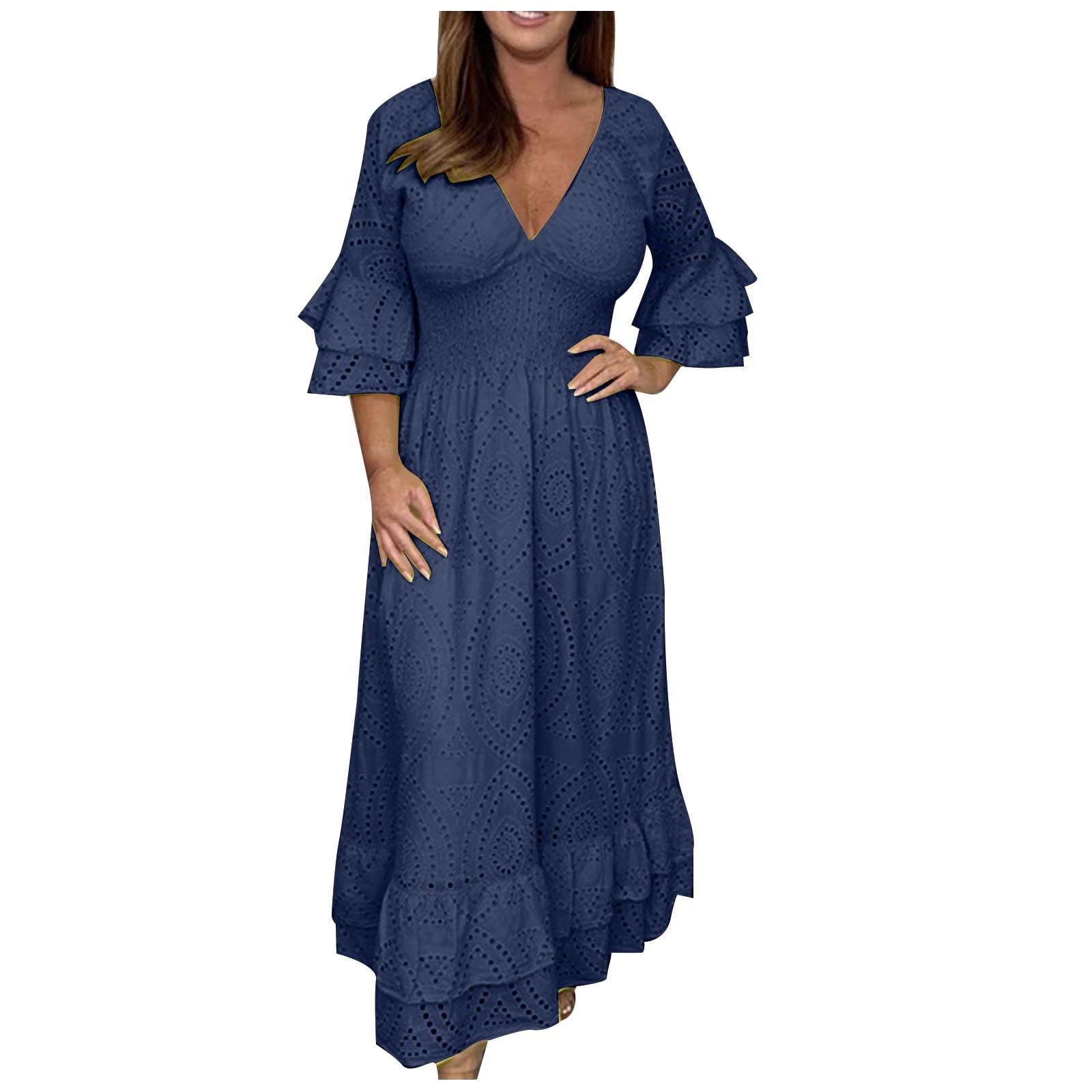3/4 Sleeve Dress for Women Ruffle Layered Maxi Dresses Plus Size Deep V ...