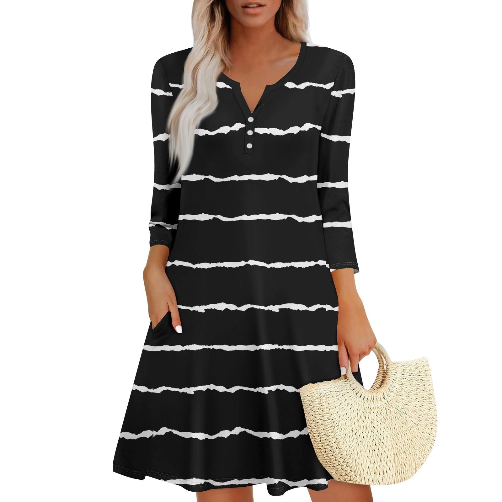 3/4 Sleeve Dress for Women Summer Fall Button Dwon V Neck Mini Dress ...