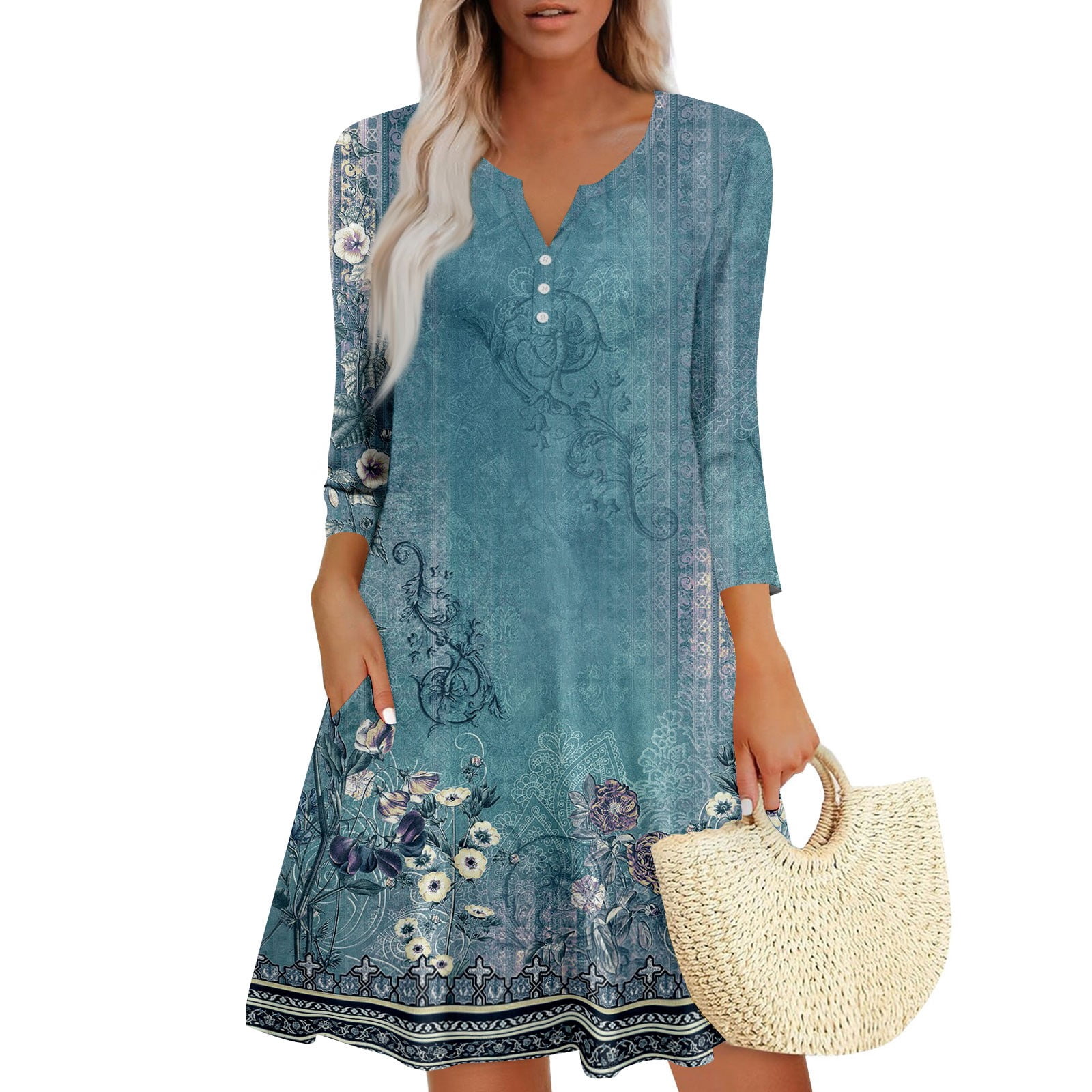 3/4 Sleeve Dress for Women Summer Fall Button Dwon V Neck Mini Dress ...