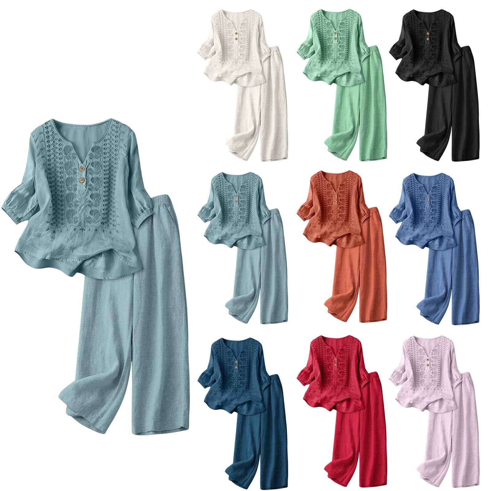 3/4 Sleeve Embroidered Linen Set for Women, V-Neck Cotton Blend Top ...