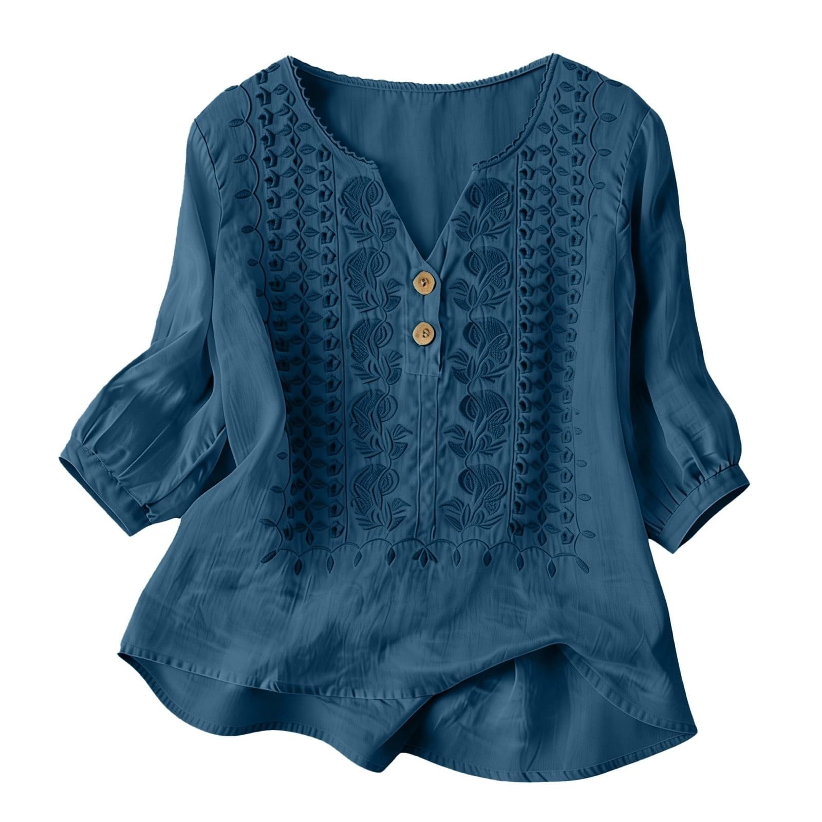 3/4 Sleeve Embroidered Linen Shirts for Women Button V Neck Loose ...