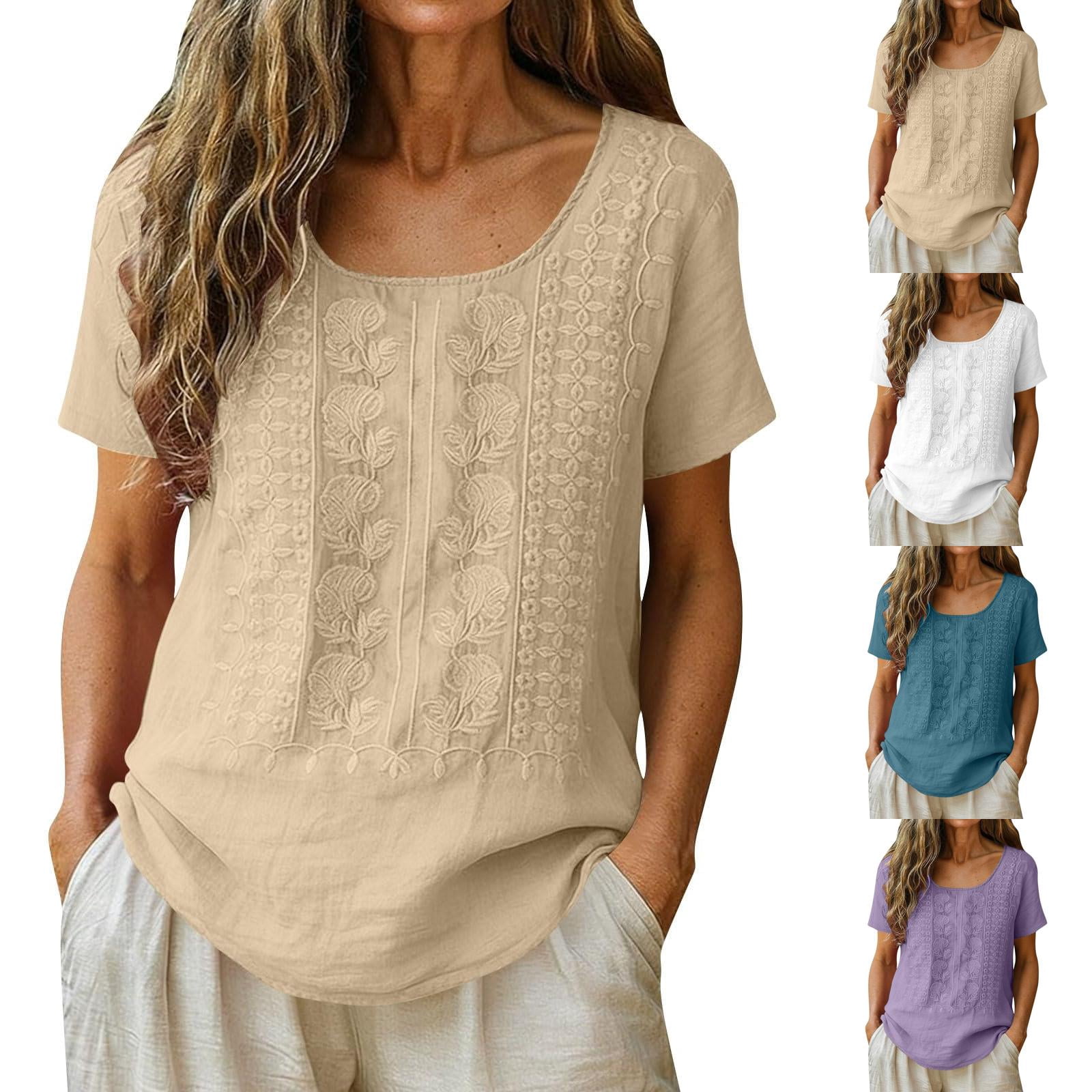 3/4 Sleeve Embroidered Linen Shirts for Women Summer Crew Neck Short ...