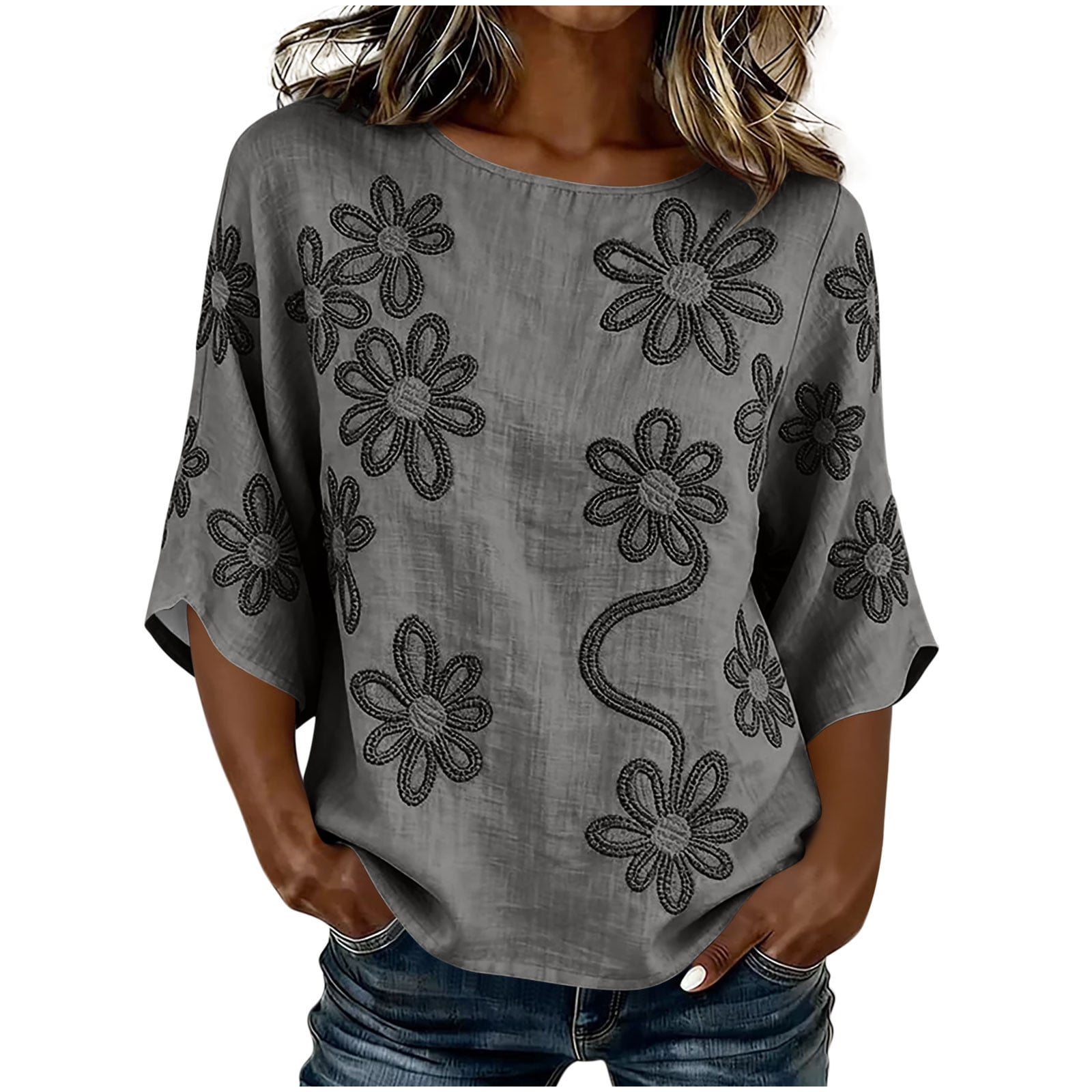 3/4 Sleeve Fall Blouses 2026 Trendy Round Neck Casual Breathable Early ...