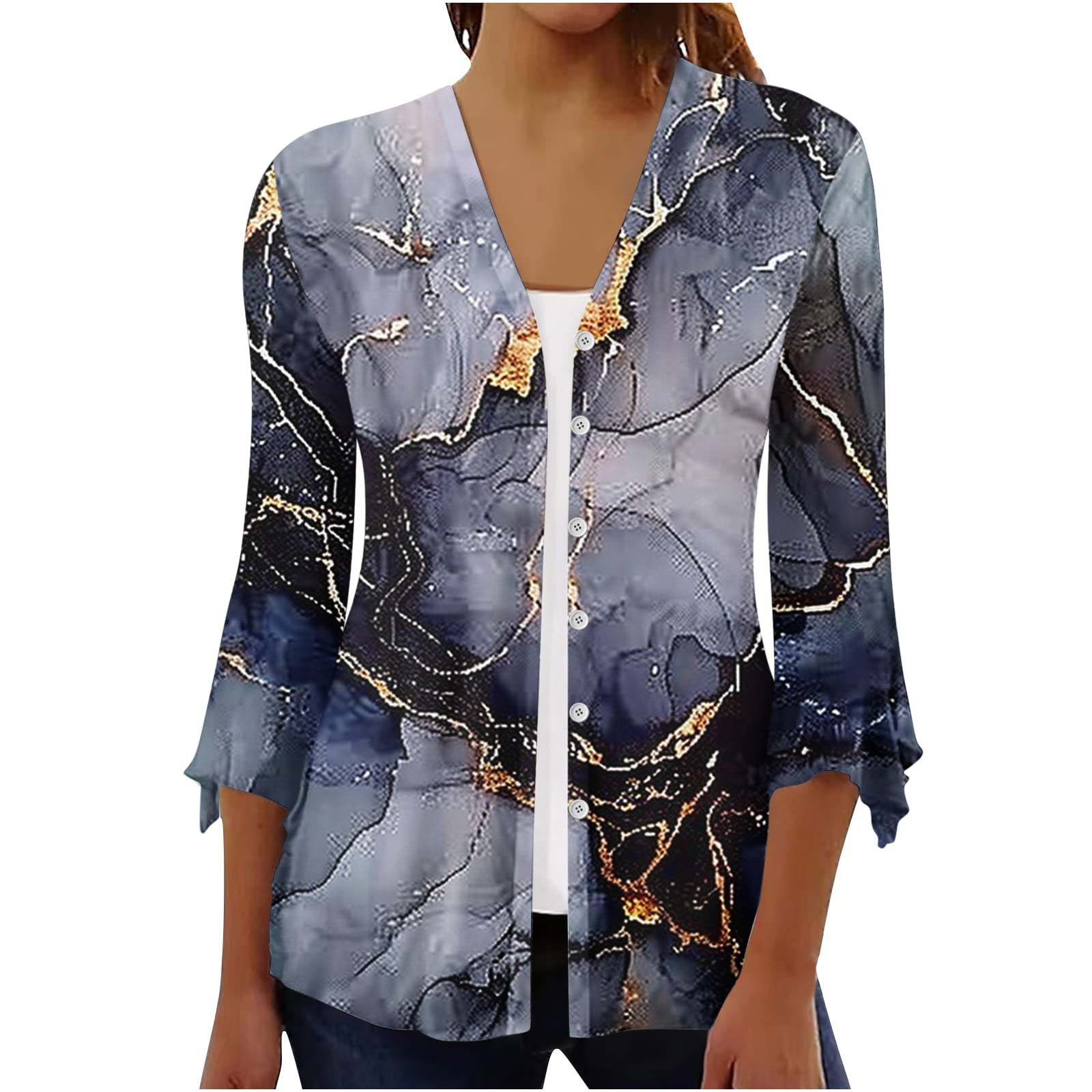 3/4 Sleeve Floral Print Cardigan Womens Lightweight Open Front Kimono ...
