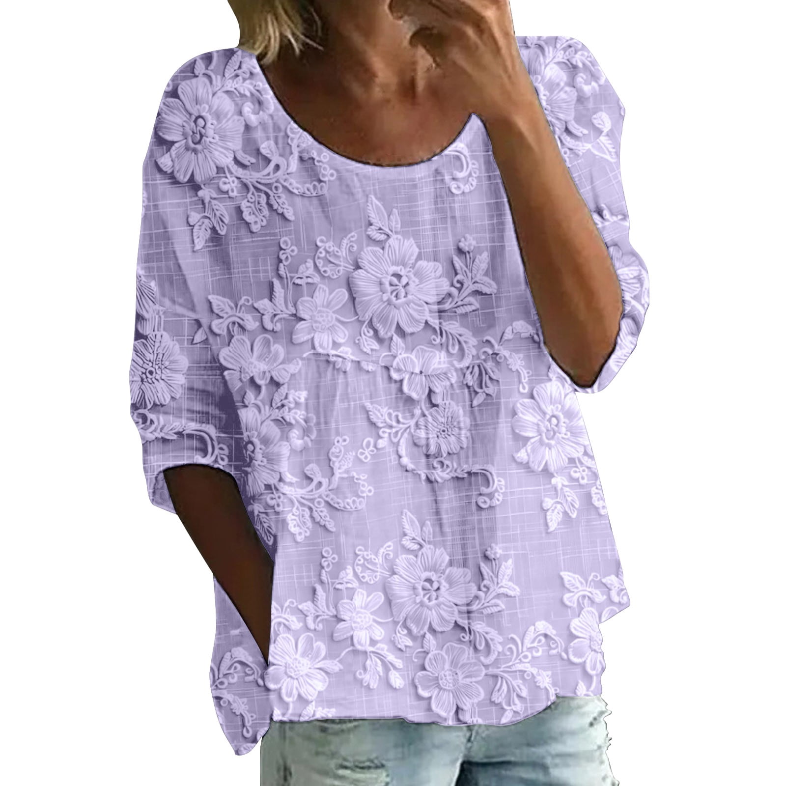 3/4 Sleeve Flower Print Loose T-Shirt Lightweight Linen Blouses Flowy ...