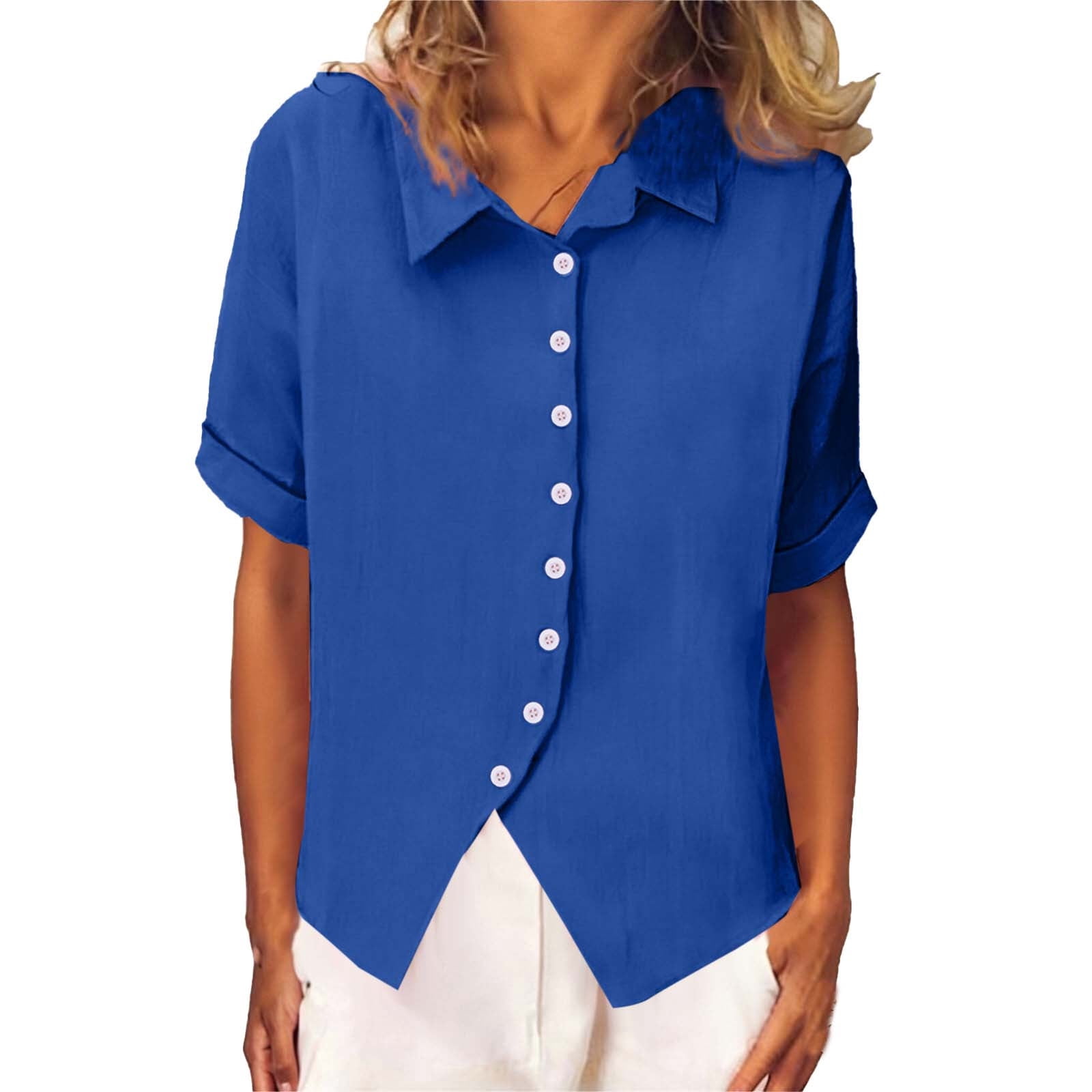 3/4 Sleeve Front Button Down T-Shirts for Women Rolled Sleeve Front ...